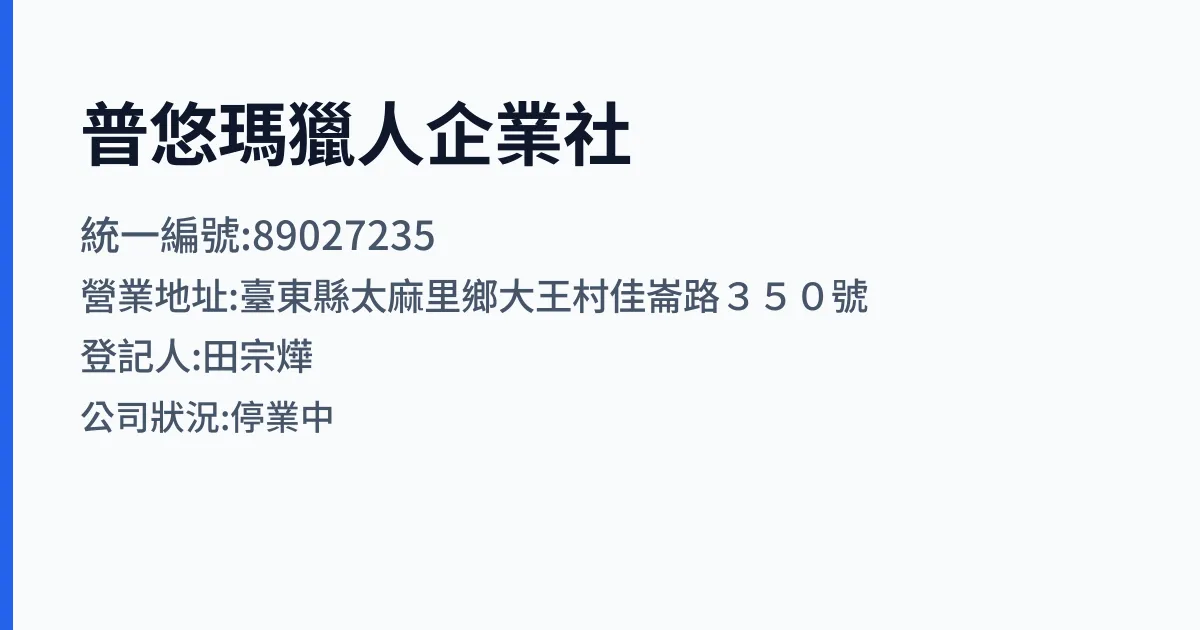 普悠瑪獵人企業社 - 統編 89027235(臺東縣) 公司登記資料與營業項目詳細圖表