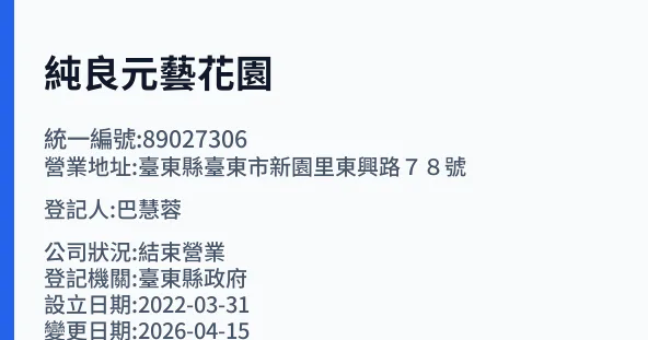 純良元藝花園的照片-統編 89027306(臺東縣) 公司登記資料與營業項目詳細圖表
