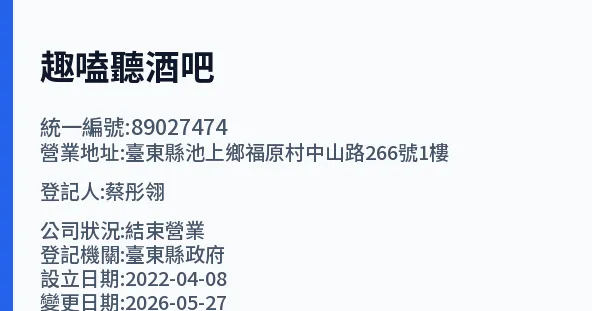 趣嗑聽酒吧的照片-統編 89027474(臺東縣) 公司登記資料與營業項目詳細圖表