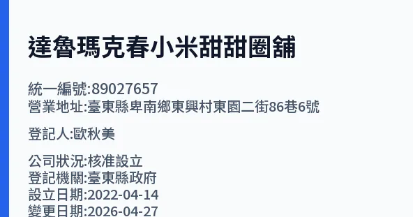 達魯瑪克春小米甜甜圈舖的照片-統編 89027657(臺東縣) 公司登記資料與營業項目詳細圖表