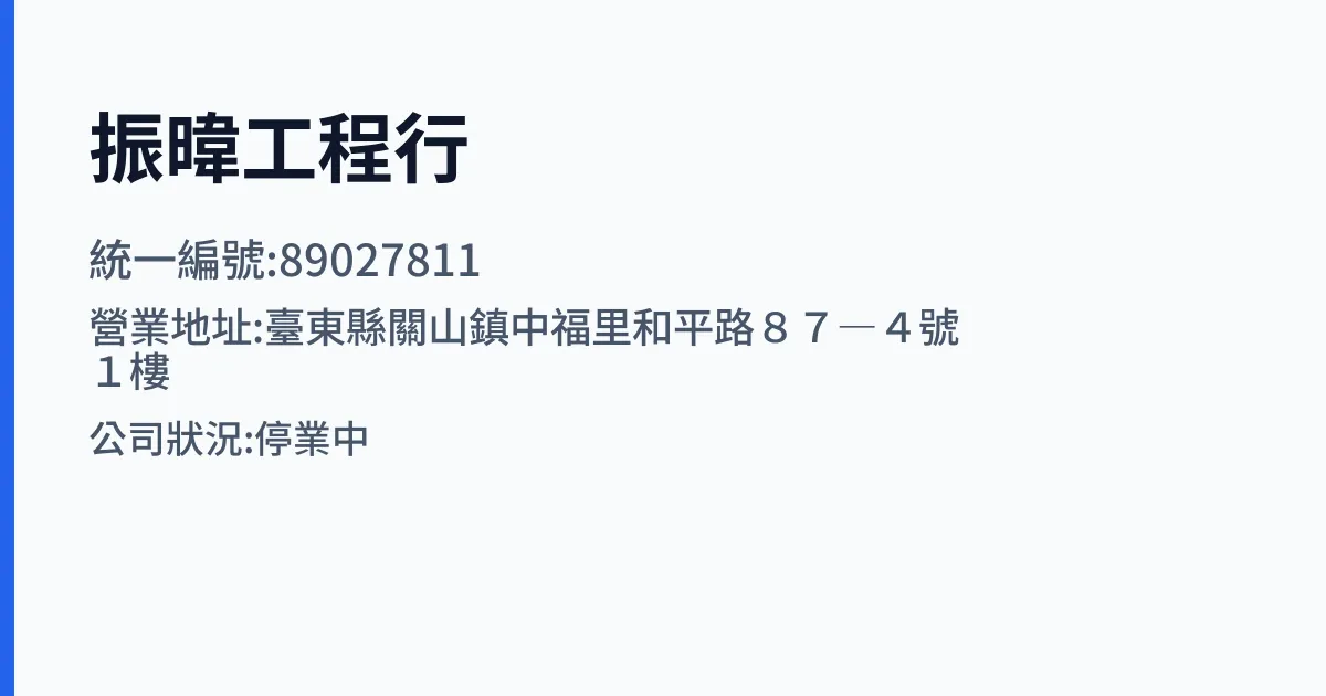 振暐工程行 - 統編 89027811(臺東縣) 公司登記資料與營業項目詳細圖表