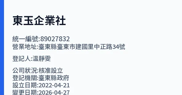 東玉企業社的照片-統編 89027832(臺東縣) 公司登記資料與營業項目詳細圖表