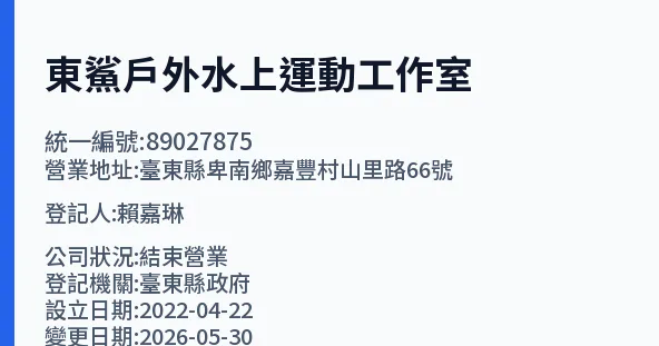 東鯊戶外水上運動工作室的照片-統編 89027875(臺東縣) 公司登記資料與營業項目詳細圖表