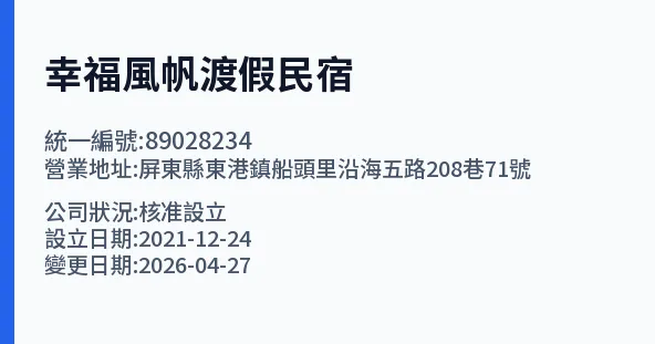幸福風帆渡假民宿的照片-統編 89028234(屏東縣) 公司登記資料與營業項目詳細圖表