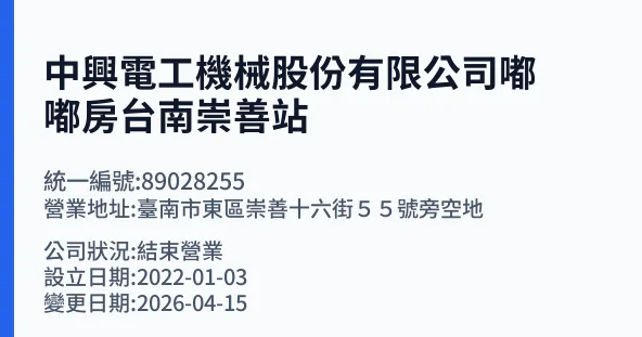 中興電工機械股份有限公司嘟嘟房台南崇善站的照片-統編 89028255(臺南市) 公司登記資料與營業項目詳細圖表