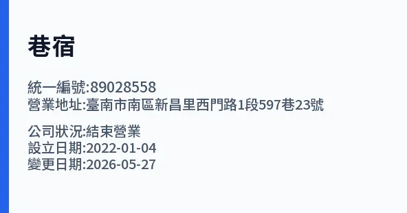 巷宿的照片-統編 89028558(臺南市) 公司登記資料與營業項目詳細圖表