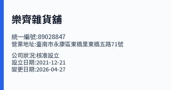 樂齊雜貨舖的照片-統編 89028847(臺南市) 公司登記資料與營業項目詳細圖表