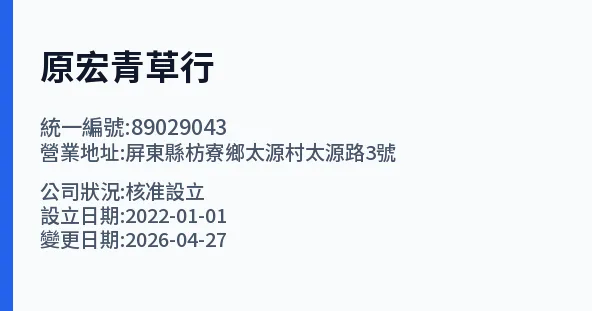 原宏青草行的照片-統編 89029043(屏東縣) 公司登記資料與營業項目詳細圖表