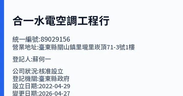 合一水電空調工程行的照片-統編 89029156(臺東縣) 公司登記資料與營業項目詳細圖表