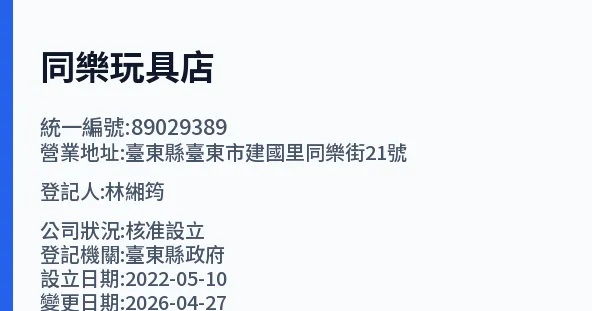 同樂玩具店的照片-統編 89029389(臺東縣) 公司登記資料與營業項目詳細圖表