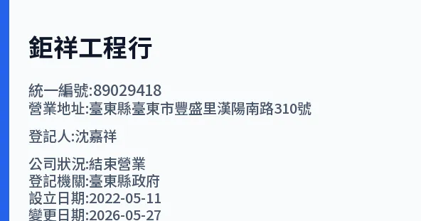 鉅祥工程行的照片-統編 89029418(臺東縣) 公司登記資料與營業項目詳細圖表