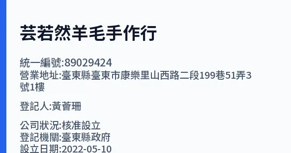 芸若然羊毛手作行的照片-統編 89029424(臺東縣) 公司登記資料與營業項目詳細圖表