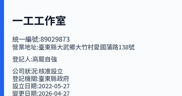 一工工作室的照片-統編 89029873(臺東縣) 公司登記資料與營業項目詳細圖表