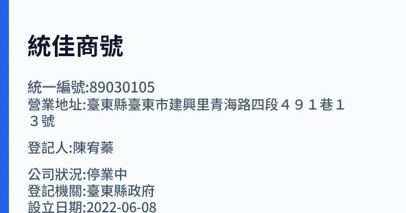 統佳商號的照片-統編 89030105(臺東縣) 公司登記資料與營業項目詳細圖表