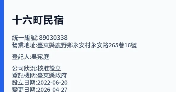 十六町民宿的照片-統編 89030338(臺東縣) 公司登記資料與營業項目詳細圖表