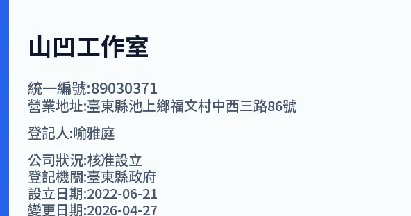 山凹工作室的照片-統編 89030371(臺東縣) 公司登記資料與營業項目詳細圖表