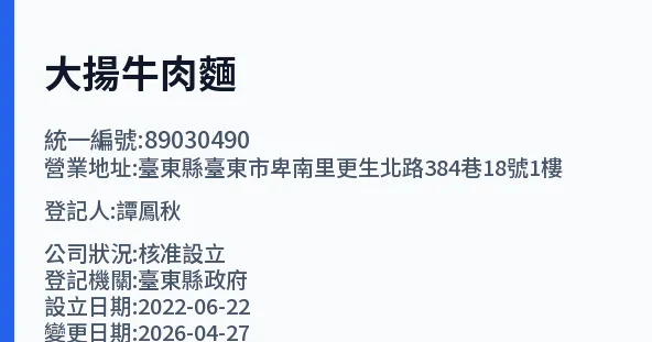 大揚牛肉麵的照片-統編 89030490(臺東縣) 公司登記資料與營業項目詳細圖表