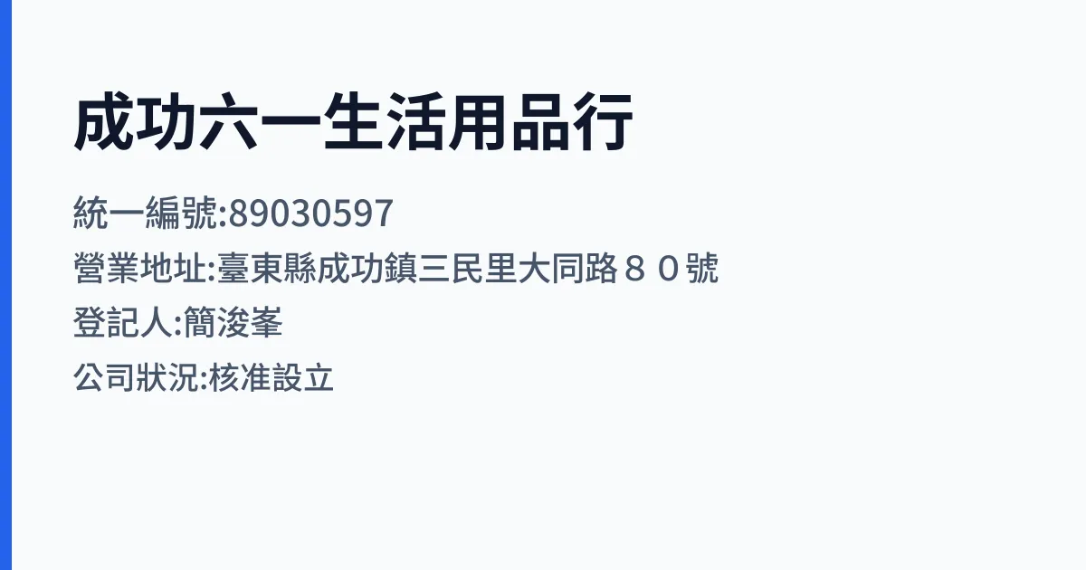 成功六一生活用品行 - 統編 89030597(臺東縣) 公司登記資料與營業項目詳細圖表
