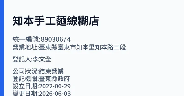 知本手工麵線糊店的照片-統編 89030674(臺東縣) 公司登記資料與營業項目詳細圖表