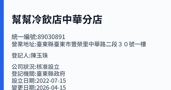幫幫冷飲店中華分店的照片-統編 89030891(臺東縣) 公司登記資料與營業項目詳細圖表