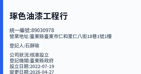 琢色油漆工程行的照片-統編 89030978(臺東縣) 公司登記資料與營業項目詳細圖表