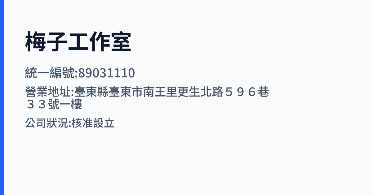 梅子工作室 - 統編 89031110(臺東縣) 公司登記資料與營業項目詳細圖表