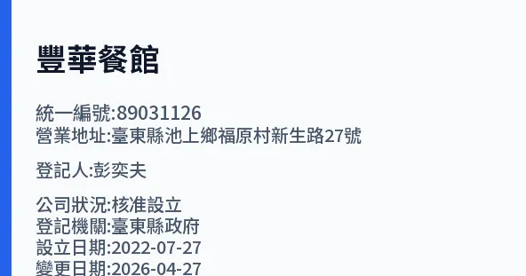 豐華餐館的照片-統編 89031126(臺東縣) 公司登記資料與營業項目詳細圖表