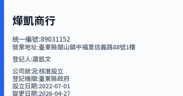 燁凱商行的照片-統編 89031152(臺東縣) 公司登記資料與營業項目詳細圖表