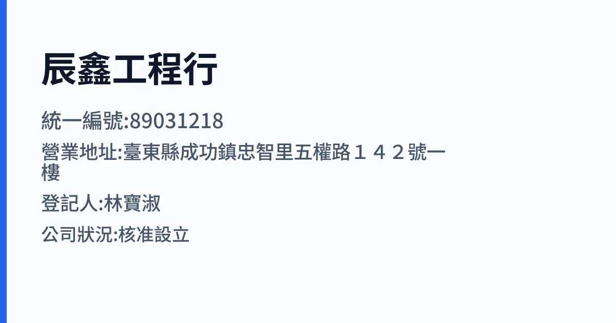 辰鑫工程行 - 統編 89031218(臺東縣) 公司登記資料與營業項目詳細圖表