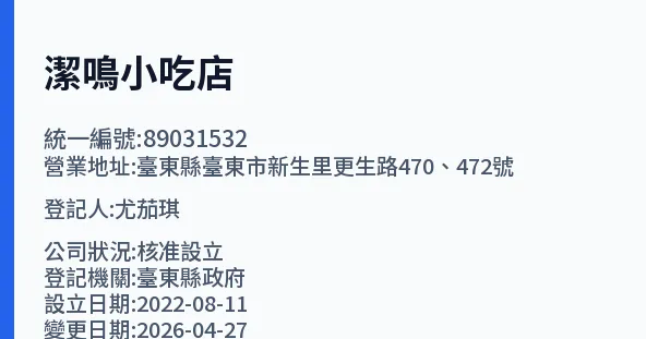 潔鳴小吃店的照片-統編 89031532(臺東縣) 公司登記資料與營業項目詳細圖表