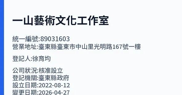一山藝術文化工作室的照片-統編 89031603(臺東縣) 公司登記資料與營業項目詳細圖表