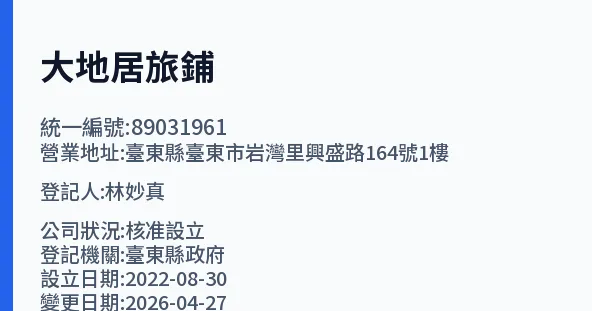 大地居旅鋪的照片-統編 89031961(臺東縣) 公司登記資料與營業項目詳細圖表