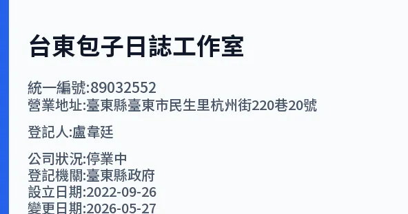 台東包子日誌工作室的照片-統編 89032552(臺東縣) 公司登記資料與營業項目詳細圖表