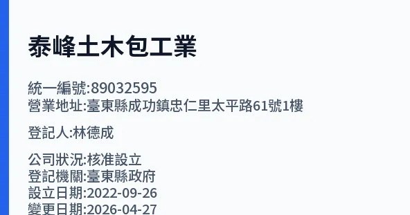 泰峰土木包工業的照片-統編 89032595(臺東縣) 公司登記資料與營業項目詳細圖表