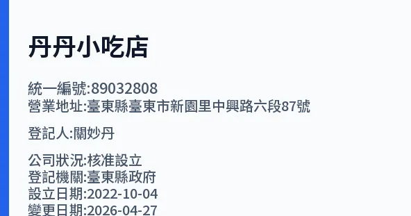 丹丹小吃店的照片-統編 89032808(臺東縣) 公司登記資料與營業項目詳細圖表