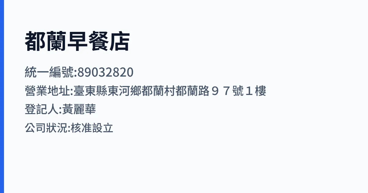 都蘭早餐店 - 統編 89032820(臺東縣) 公司登記資料與營業項目詳細圖表