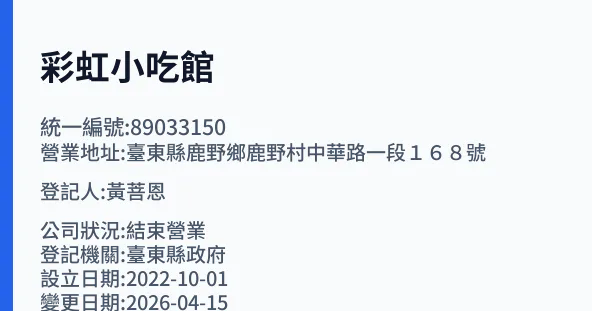 彩虹小吃館的照片-統編 89033150(臺東縣) 公司登記資料與營業項目詳細圖表