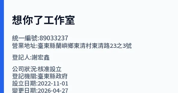 想你了工作室的照片-統編 89033237(臺東縣) 公司登記資料與營業項目詳細圖表