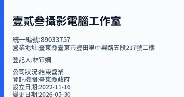 壹貳叁攝影電腦工作室的照片-統編 89033757(臺東縣) 公司登記資料與營業項目詳細圖表