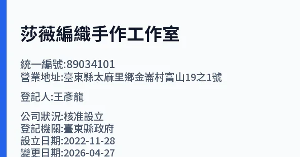 莎薇編織手作工作室的照片-統編 89034101(臺東縣) 公司登記資料與營業項目詳細圖表