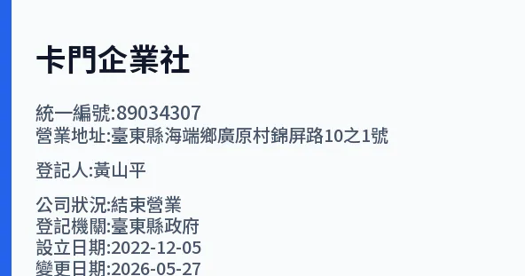 卡門企業社的照片-統編 89034307(臺東縣) 公司登記資料與營業項目詳細圖表