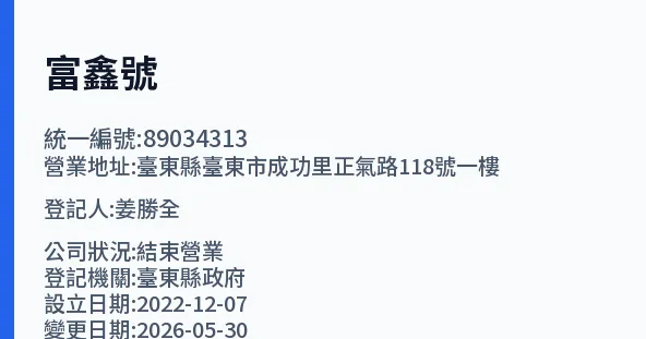 富鑫號的照片-統編 89034313(臺東縣) 公司登記資料與營業項目詳細圖表