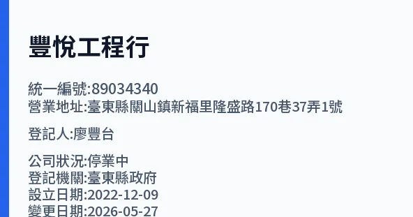 豐悅工程行的照片-統編 89034340(臺東縣) 公司登記資料與營業項目詳細圖表