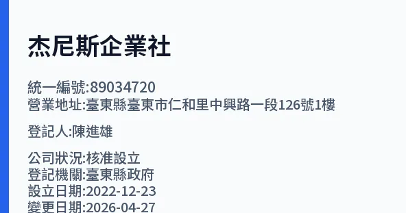 杰尼斯企業社的照片-統編 89034720(臺東縣) 公司登記資料與營業項目詳細圖表