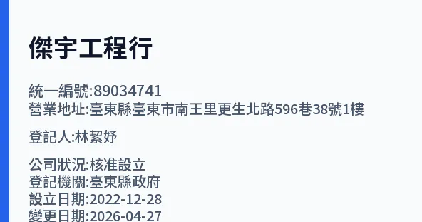 傑宇工程行的照片-統編 89034741(臺東縣) 公司登記資料與營業項目詳細圖表