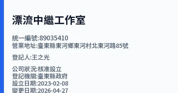 漂流中繼工作室的照片-統編 89035410(臺東縣) 公司登記資料與營業項目詳細圖表