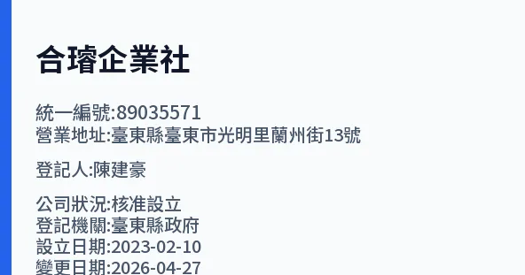 合璿企業社的照片-統編 89035571(臺東縣) 公司登記資料與營業項目詳細圖表