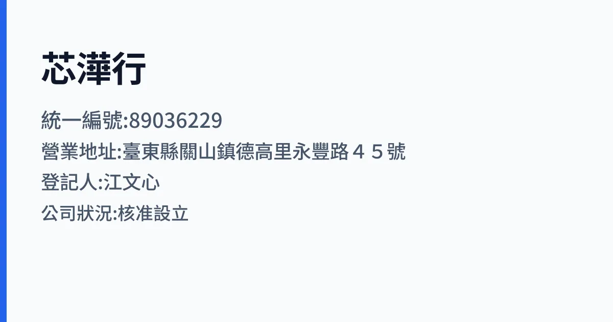 芯澕行 - 統編 89036229(臺東縣) 公司登記資料與營業項目詳細圖表