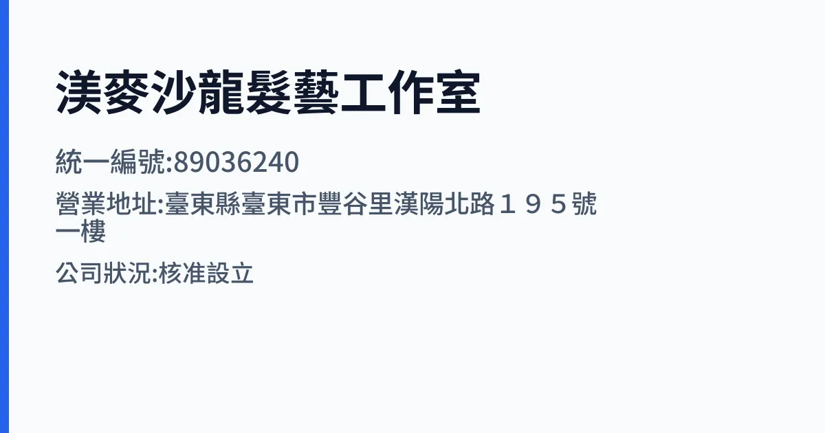 渼麥沙龍髮藝工作室 - 統編 89036240(臺東縣) 公司登記資料與營業項目詳細圖表