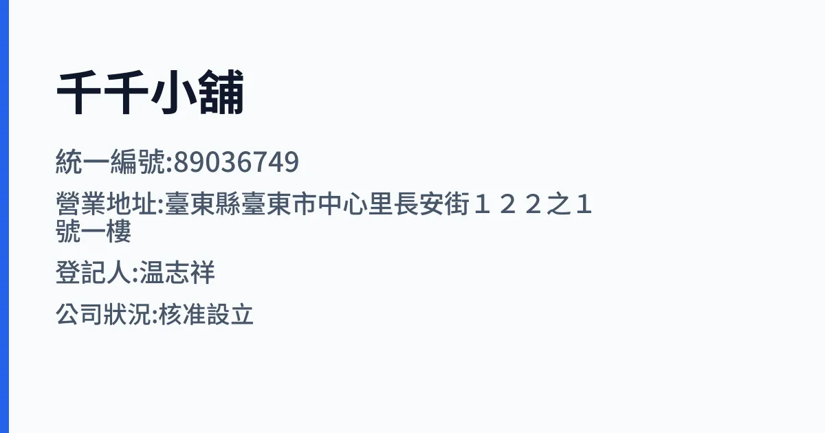 千千小舖 - 統編 89036749（臺東縣） 公司登記資料與營業項目詳細圖表